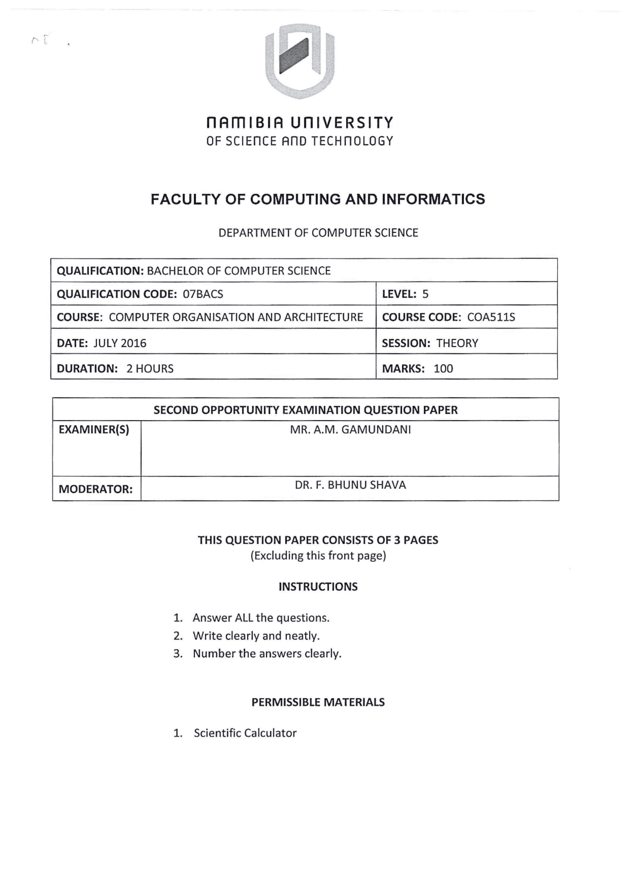 Computer Organisation and Architecture past examination paper | Exams ...