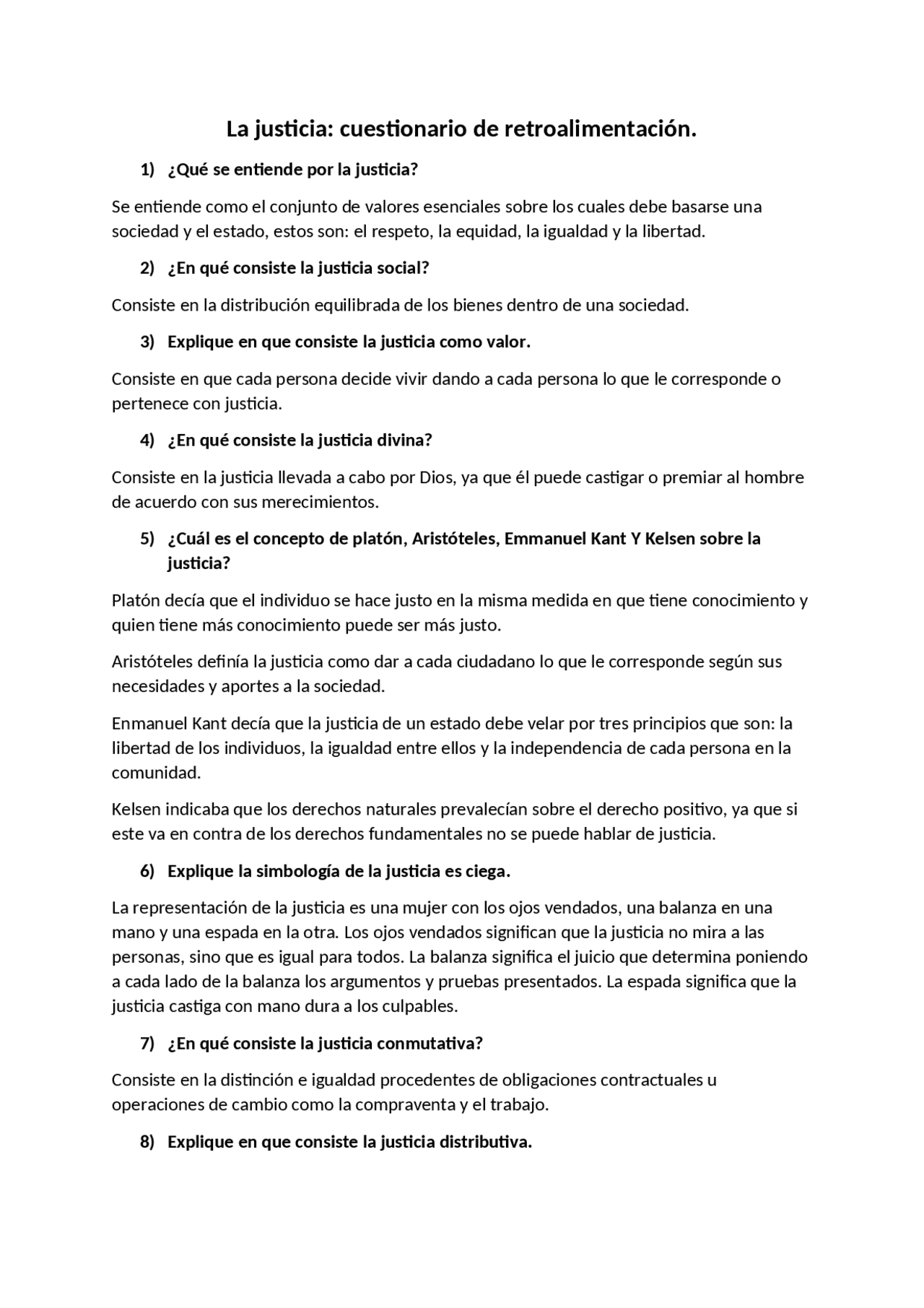 Cuestionario de La Justicia | Ejercicios de Ética | Docsity