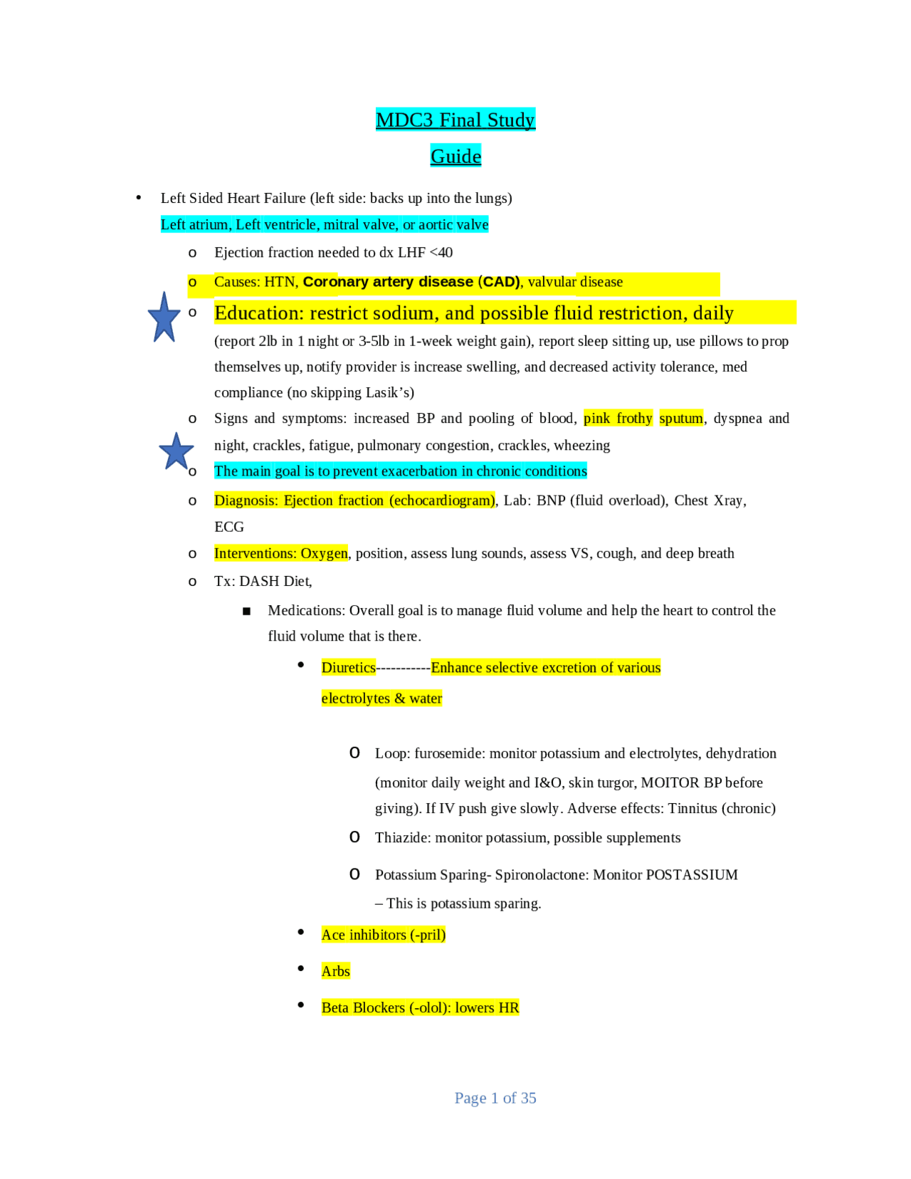MDC3 Final Study Guide on Left Sided Heart Failure and Related Topics ...