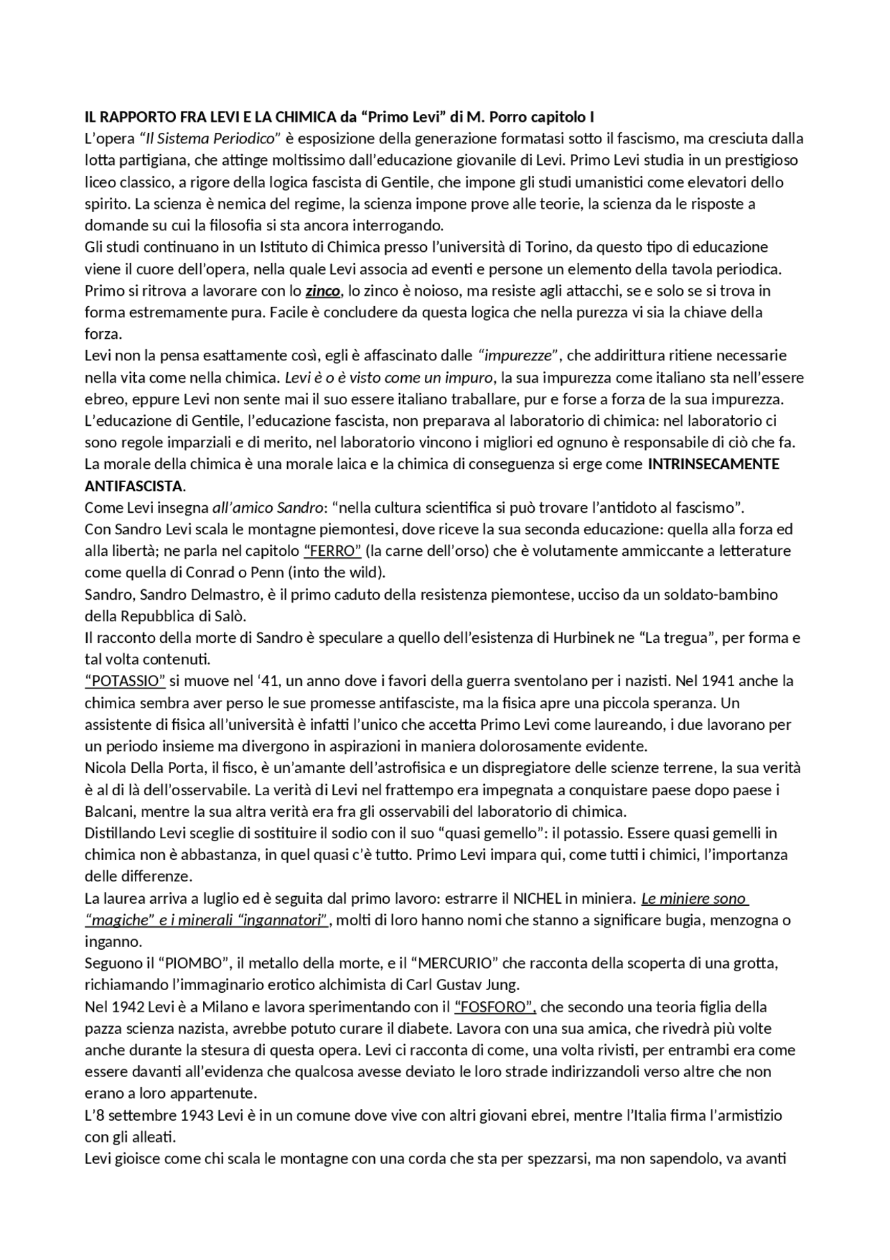 Primo levi M. Porro riassunto | Dispense di Letteratura | Docsity