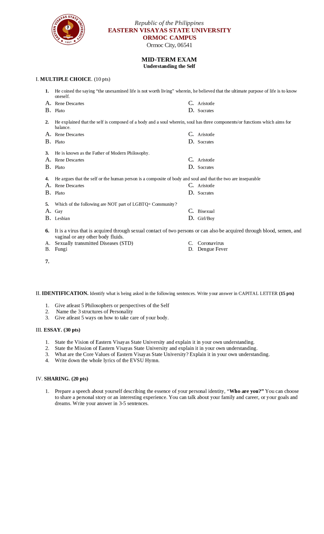 Midterm Exam For Understanding The Self Exams Life Sciences Docsity