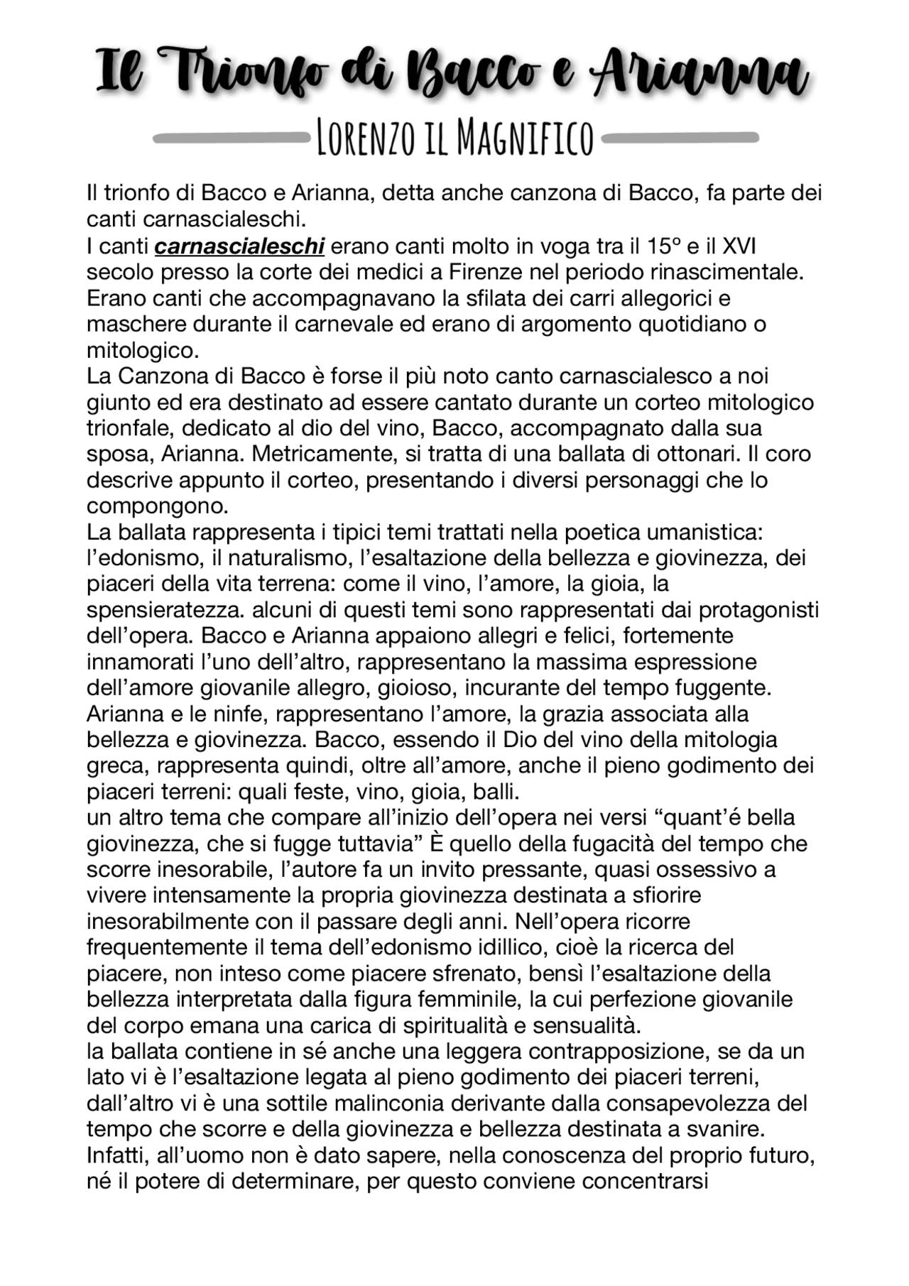 Lorenzo de'medici: iL trionfo di bacco e Arianna | Sintesi del corso di ...