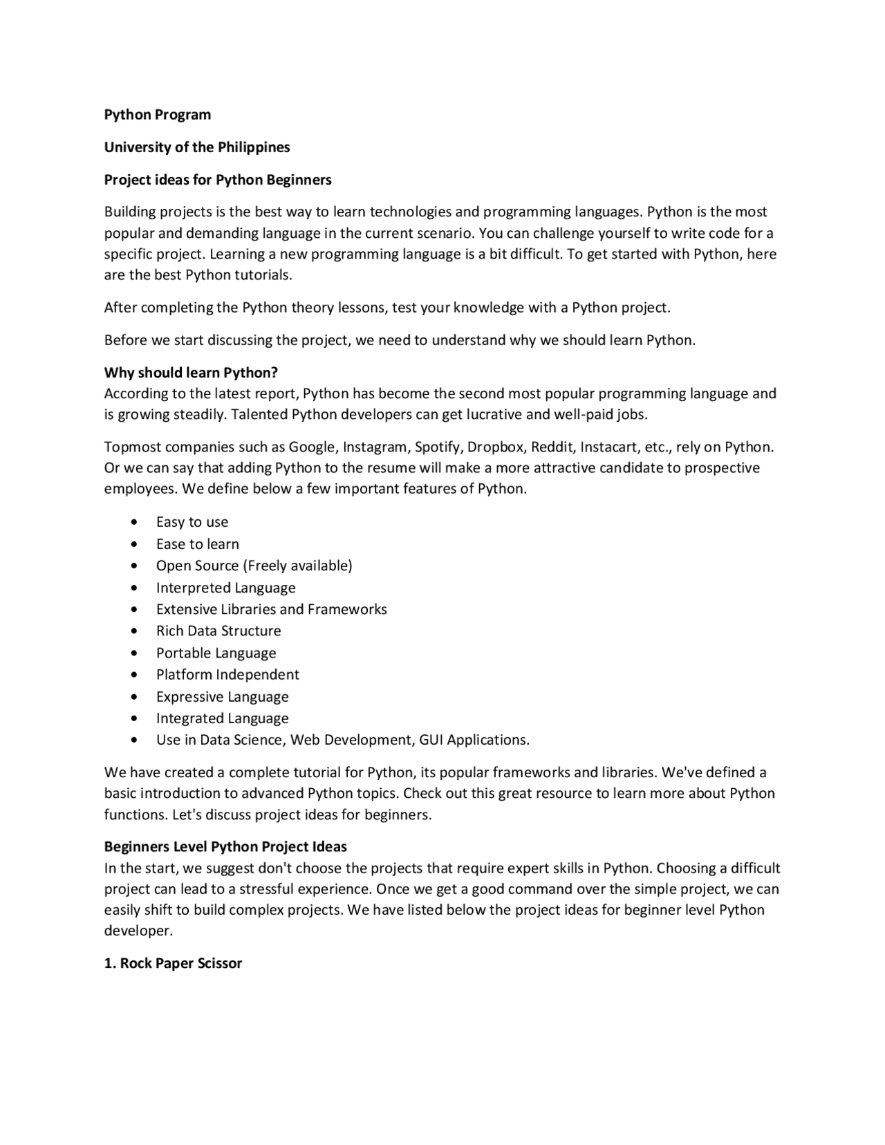 Project Ideas For Python Beginners Lecture Notes Computer Programming Docsity