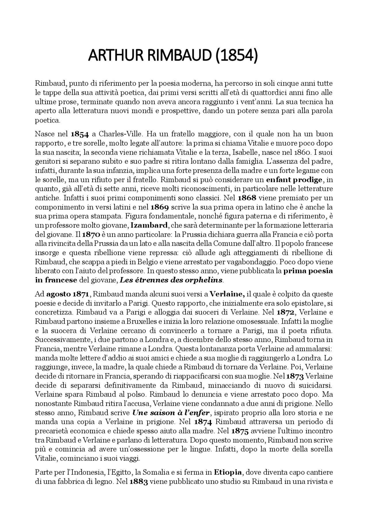 Appunti su Arthur Rimbaud | Appunti di Letteratura Francese | Docsity