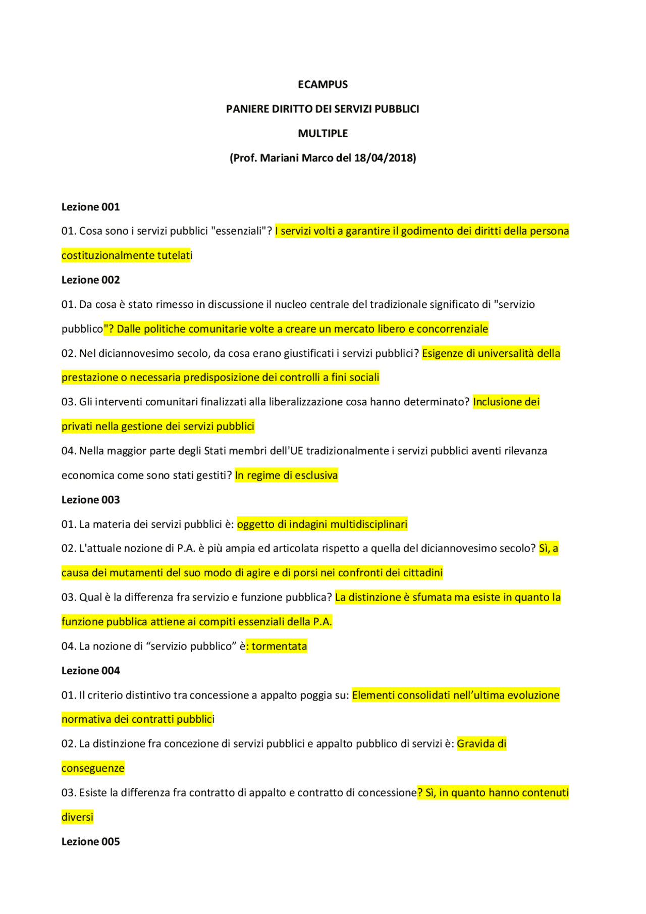 Paniere Diritto Dei Servizi Pubblici Multiple Ecampus Prof