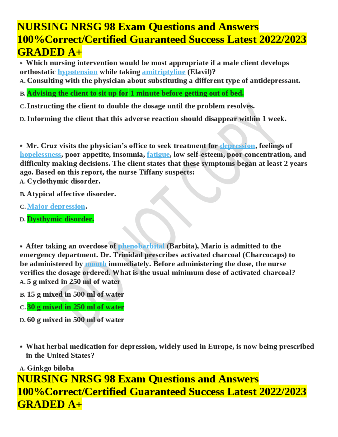 Nursing Nrsg 98 Exam Questions And Answers Exams Nursing Docsity