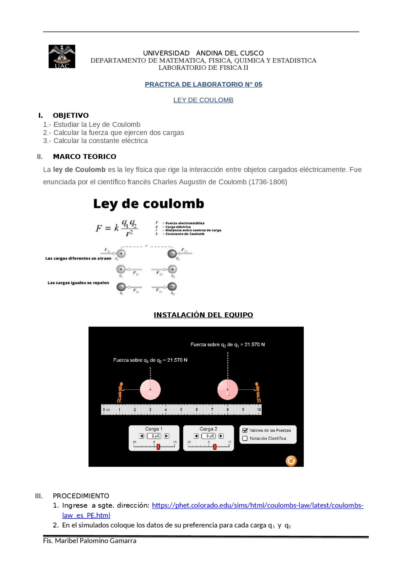 Practica de Laboratorio N° 05: Aplicación de la Ley de Coulomb | Monografías, Ensayos de Física ...
