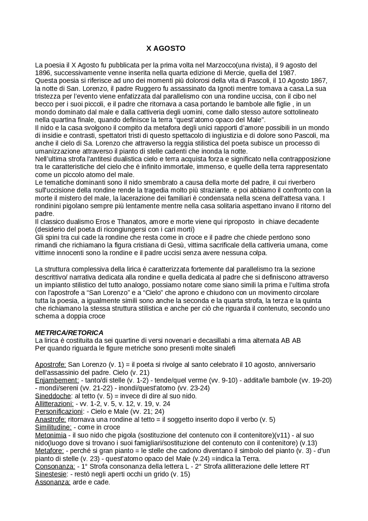 X AGOSTO DI GIOVANNI PASCOLI | Appunti di Lingue e letterature ...
