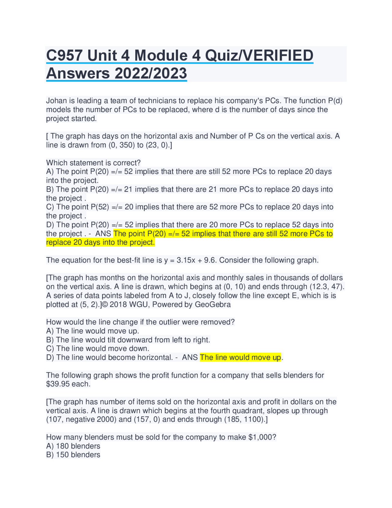 C957 Unit 4 Module 4 Quiz Verified Answers 2022 2023 Exams Algebra