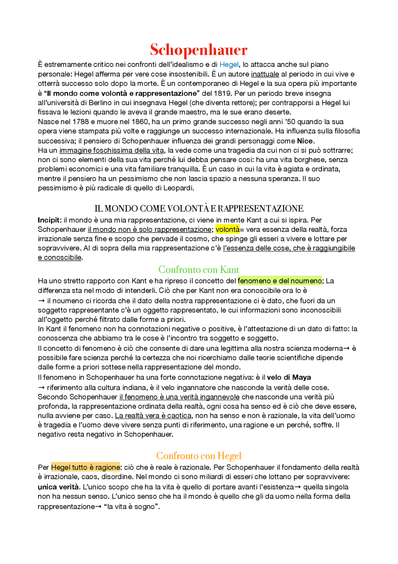 Appunti Su Schopenhauer E Positivismo Appunti Di Filosofia Docsity