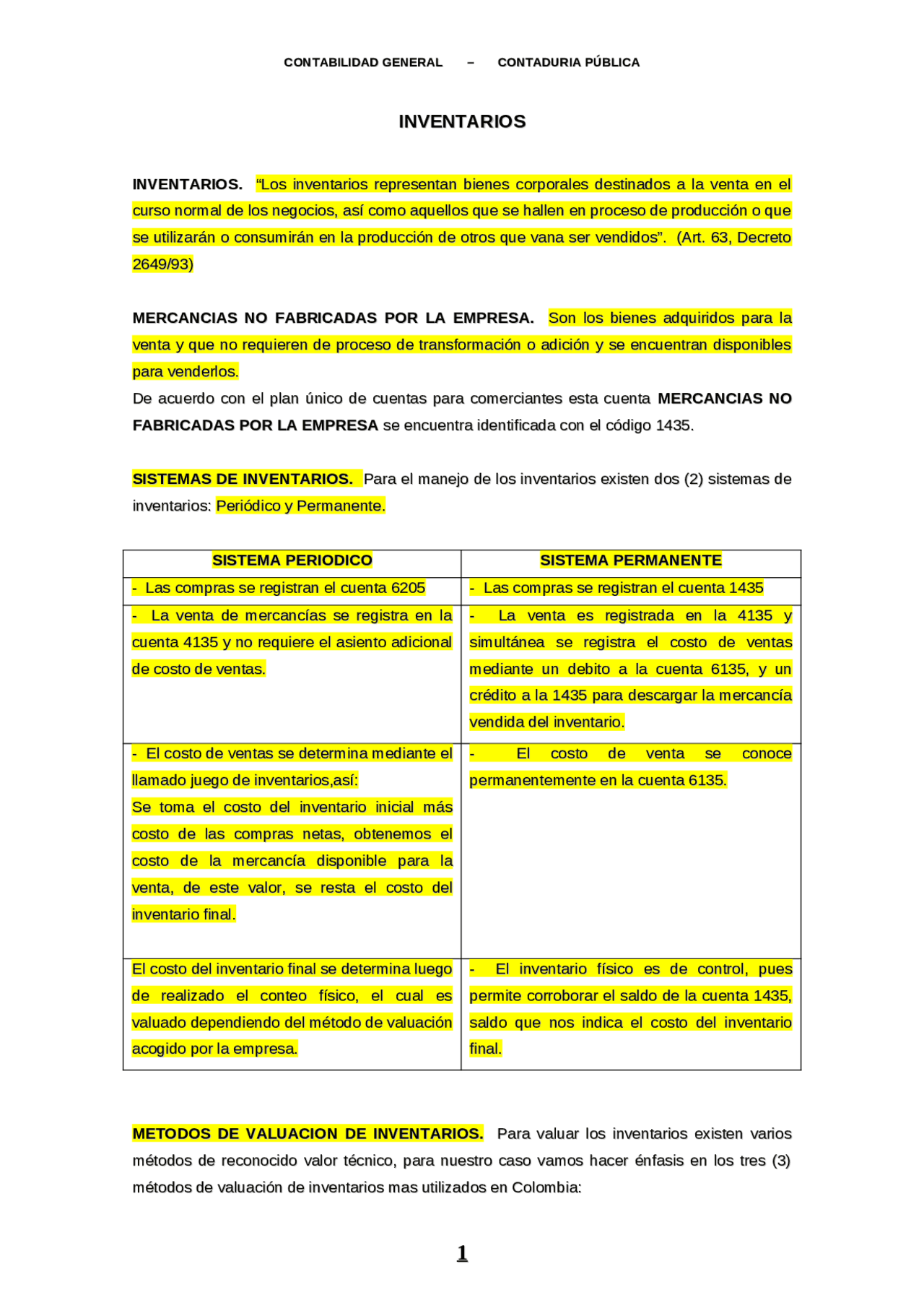 Sistema De Inventario Y Método De Evalución Apuntes De Matemáticas