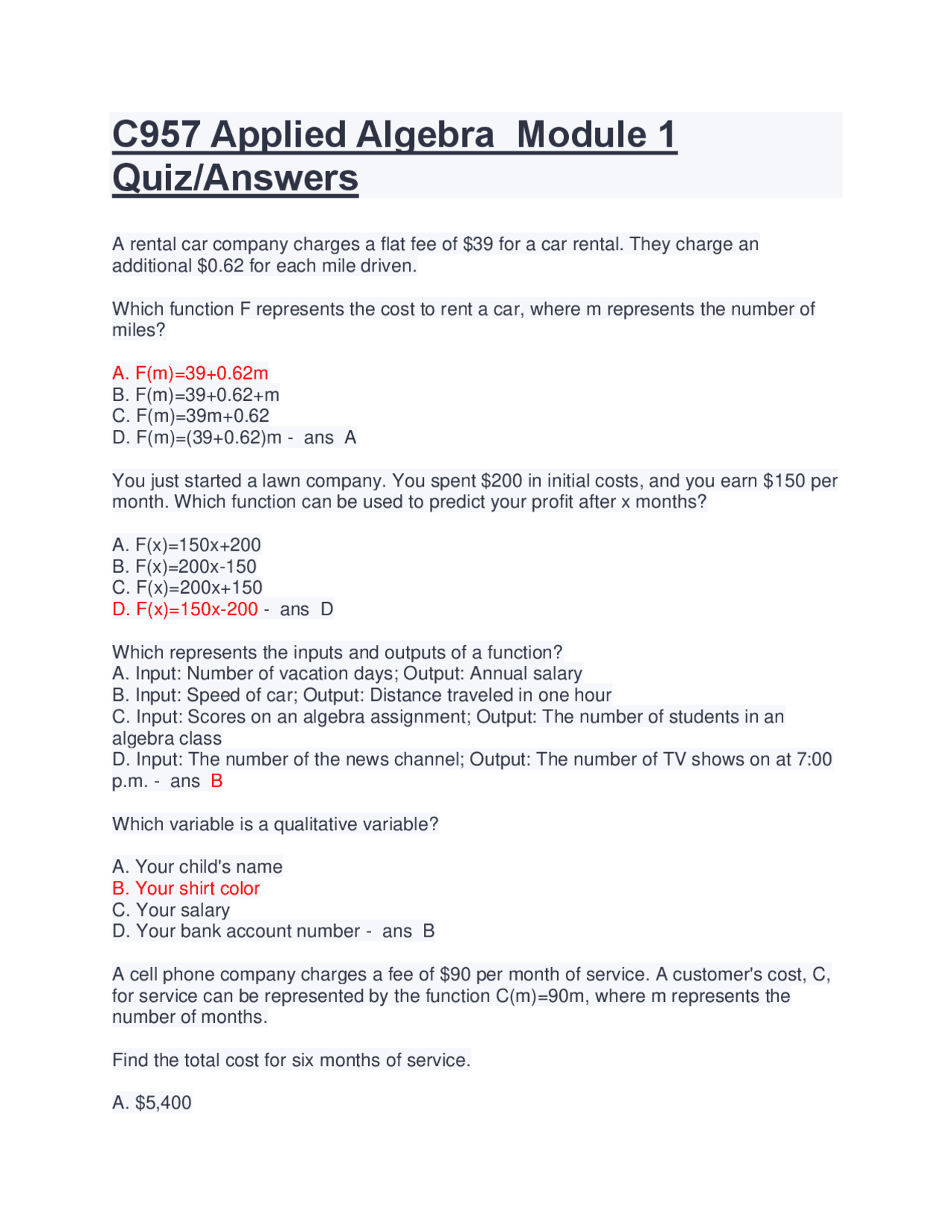 C957 Applied Algebra Module 1 Quiz Answers Exams Algebra Docsity