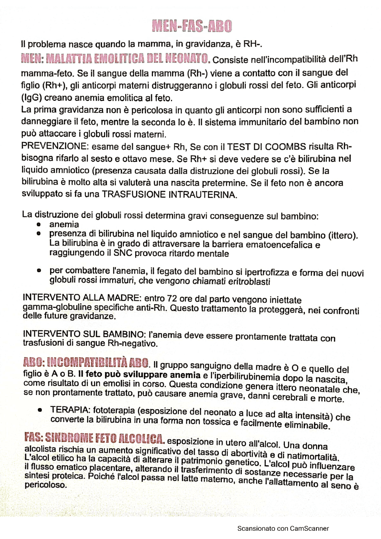 MEN-FAS-ABO MALATTIE DEL FETO | Appunti di Igiene | Docsity