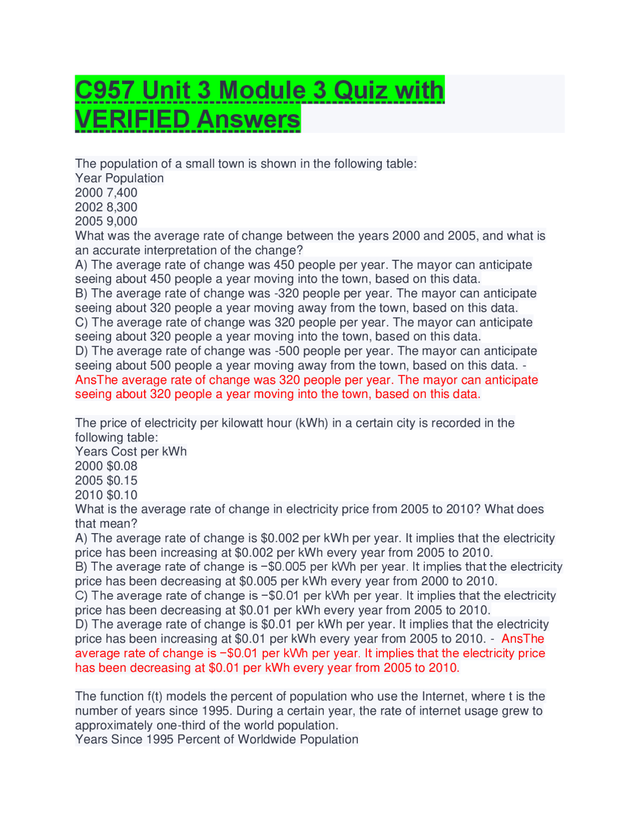 C957 Unit 3 Module 3 Quiz With Verified Answers Exams Algebra Docsity