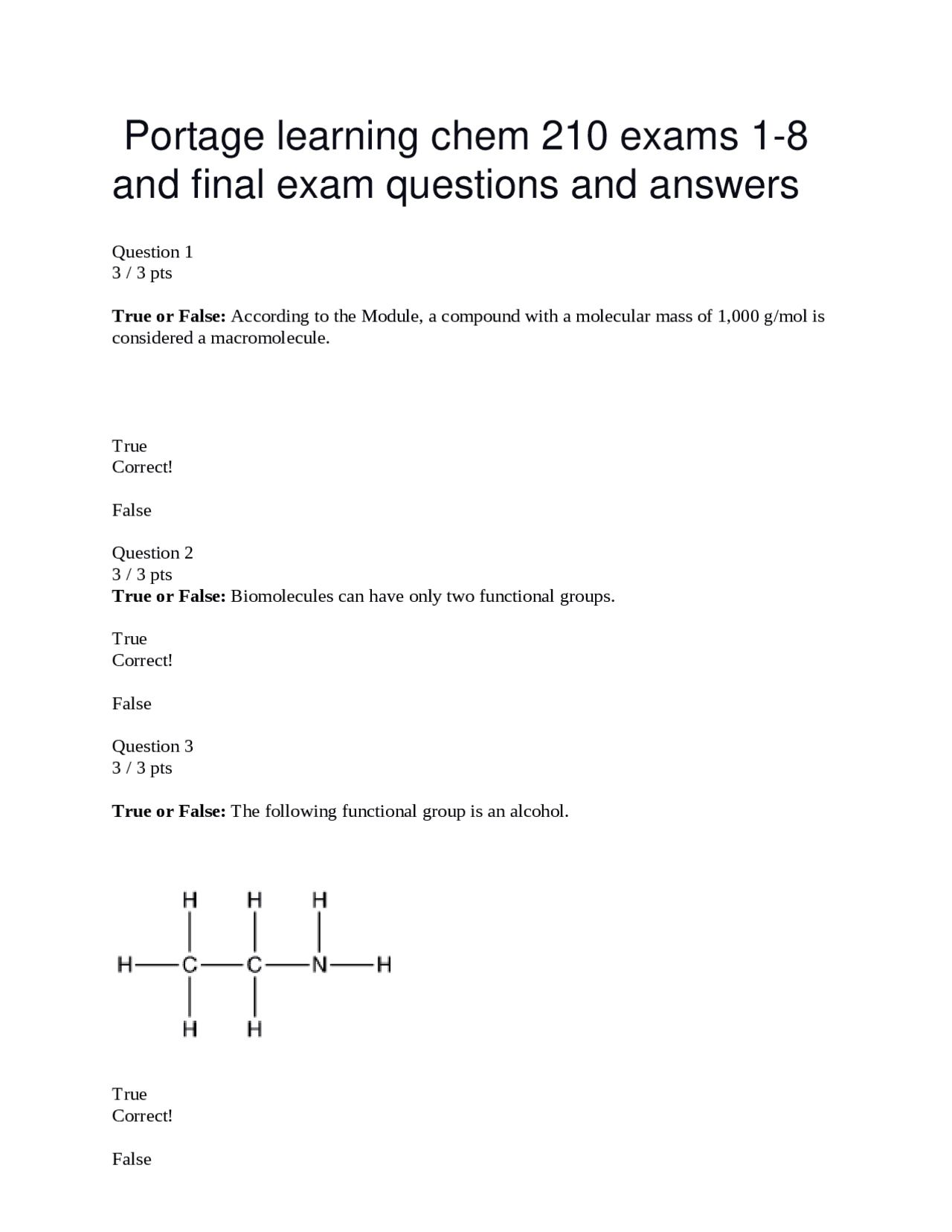 Portage learning chem 210 exams 1-8 and final exam questions and ...