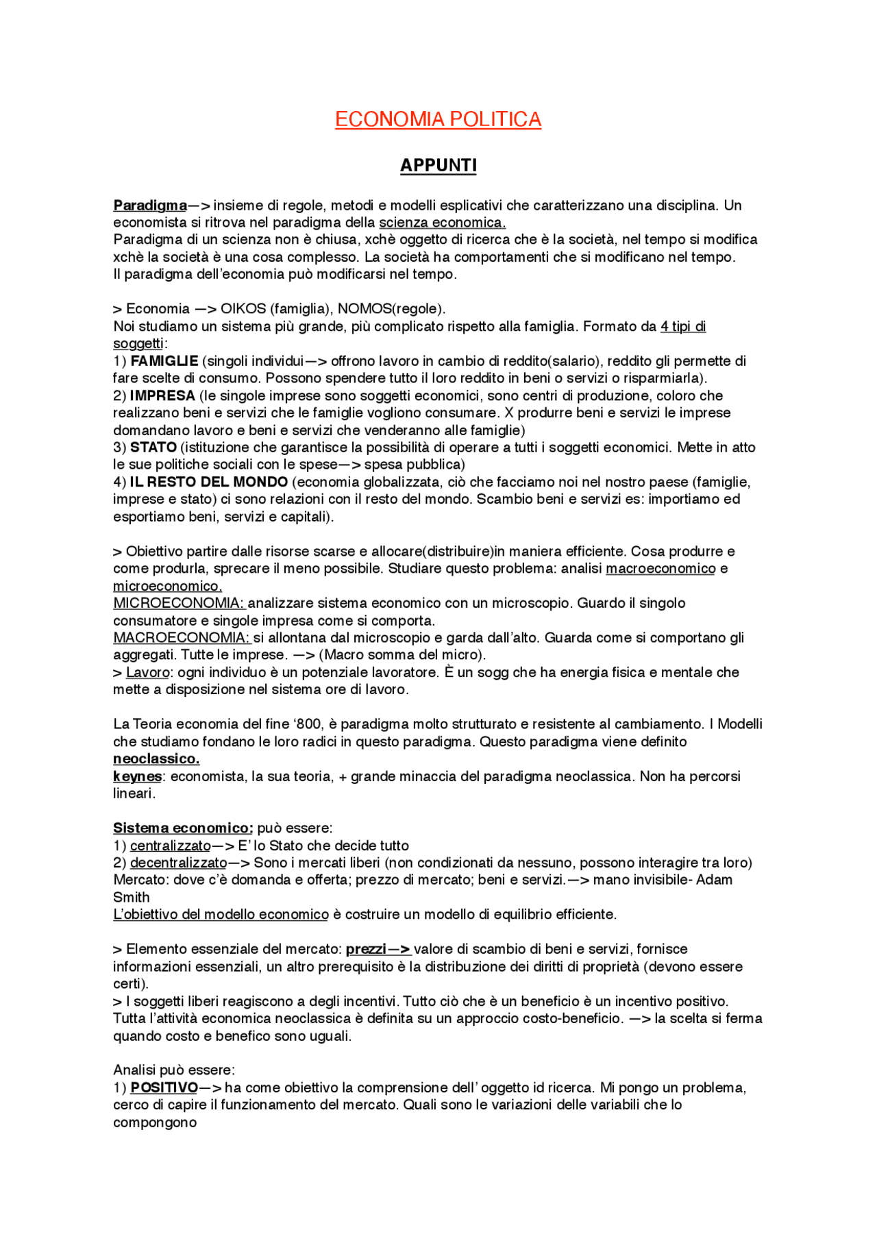 Economia Politica (i primi capitoli) | Appunti di Economia Politica | Docsity