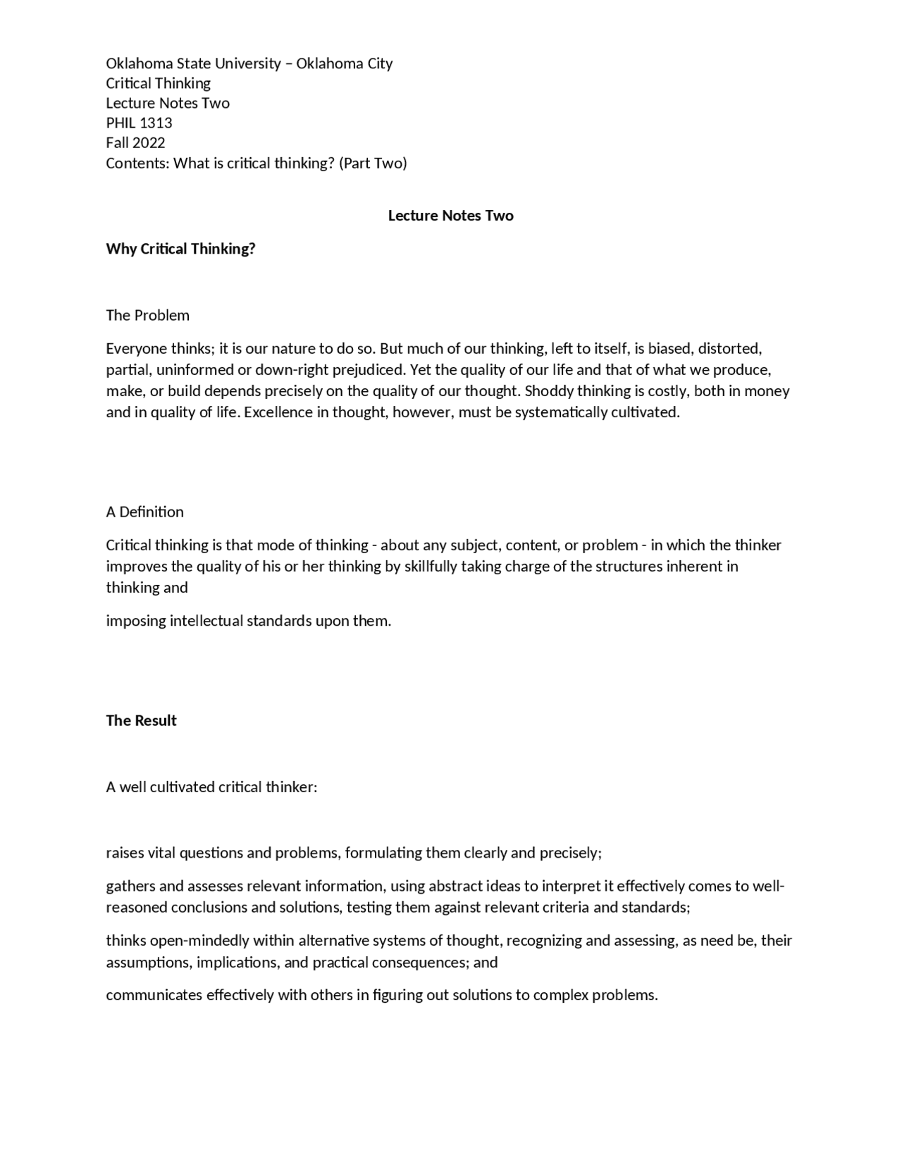 Critical Thinking An Introduction To Logic Lecture Notes Logic Docsity