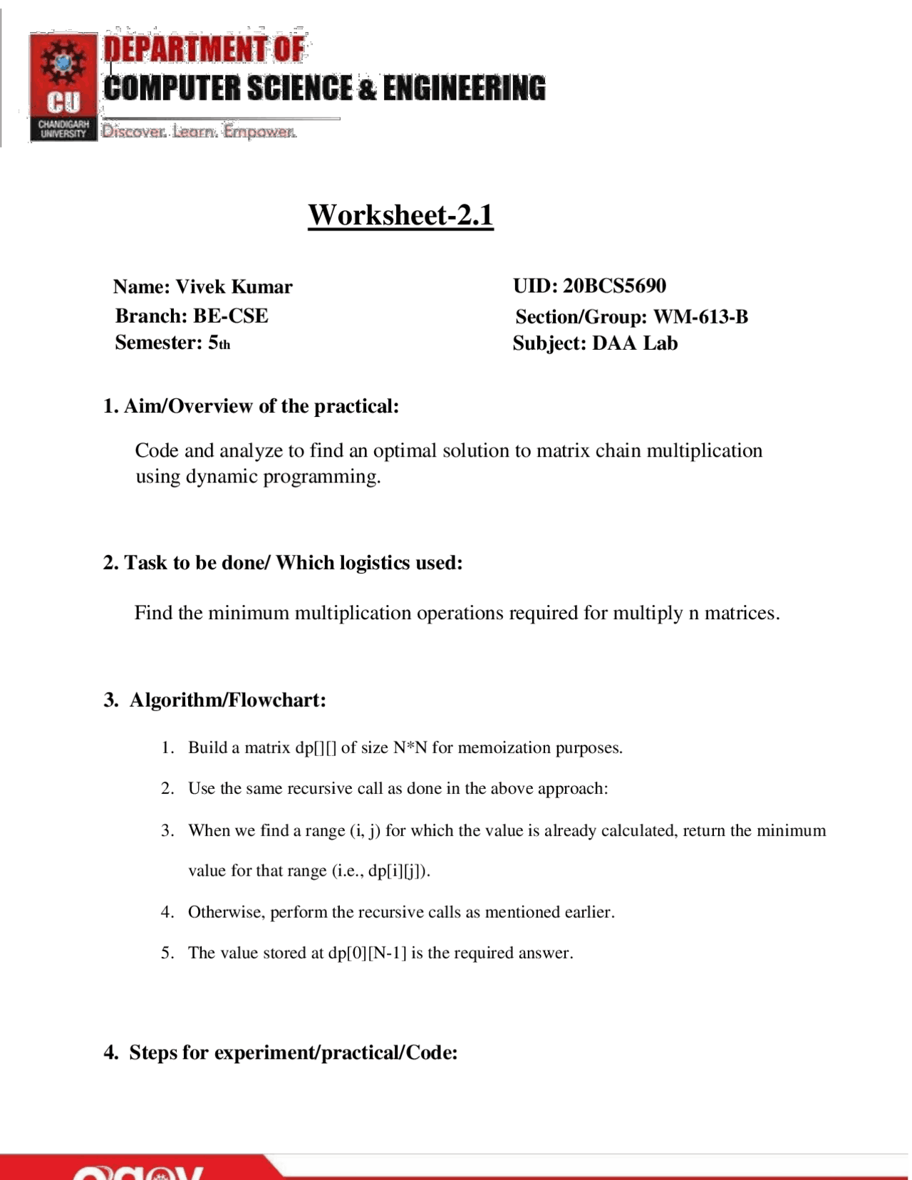 Daa worksheet experiment 4 for chandigarh university | Assignments Data ...