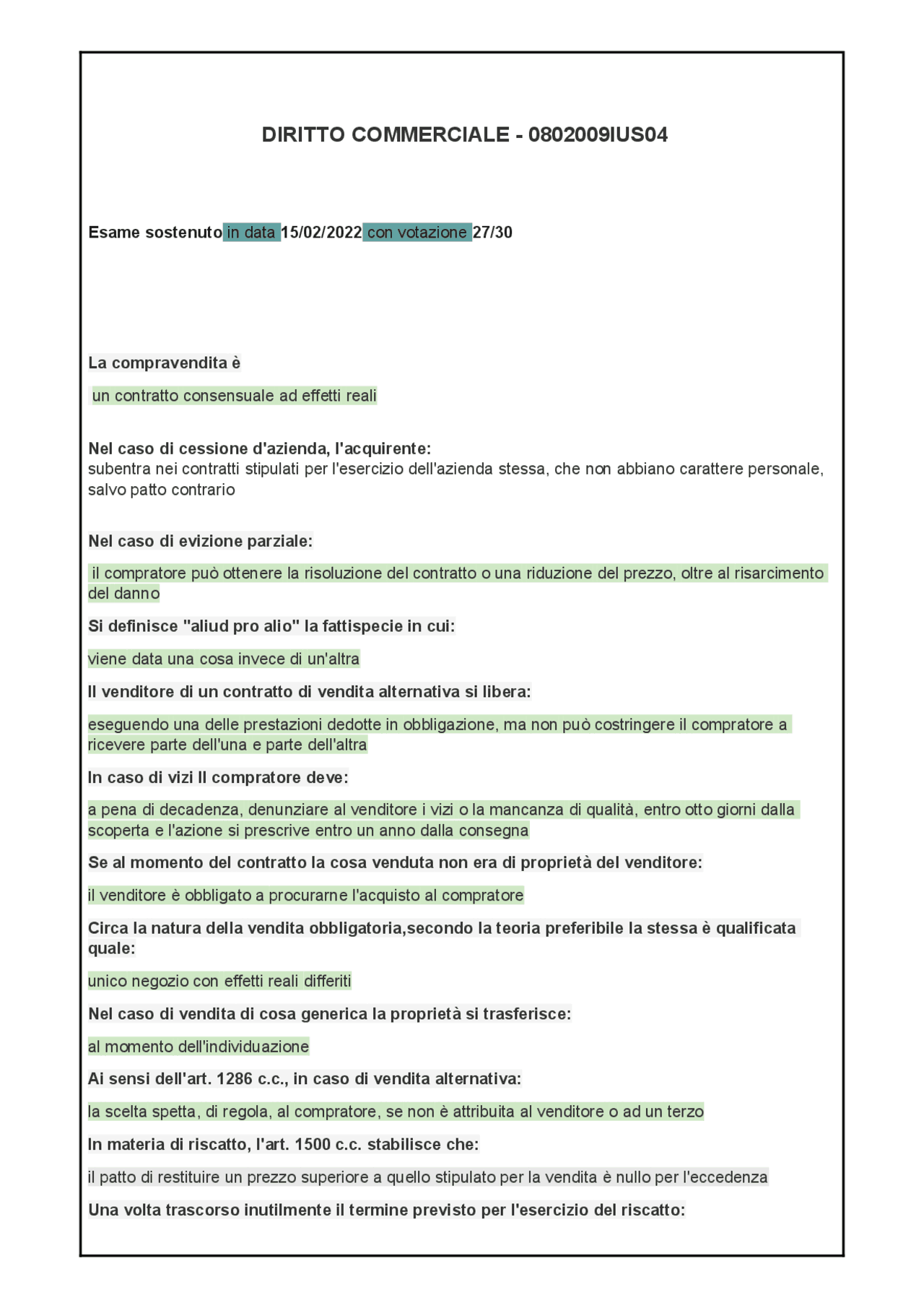 Paniere esame Diritto Commerciale Unipegaso | Prove d'esame di Diritto Commerciale | Docsity