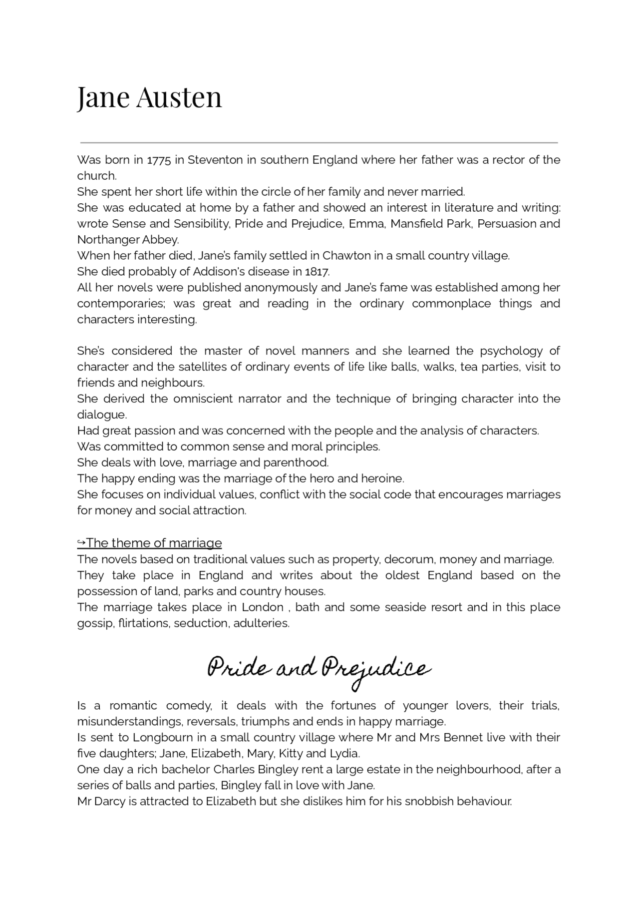 JANE AUSTEN-PRIDE AND PREJUDICE MATURITA' | Temi di Inglese | Docsity