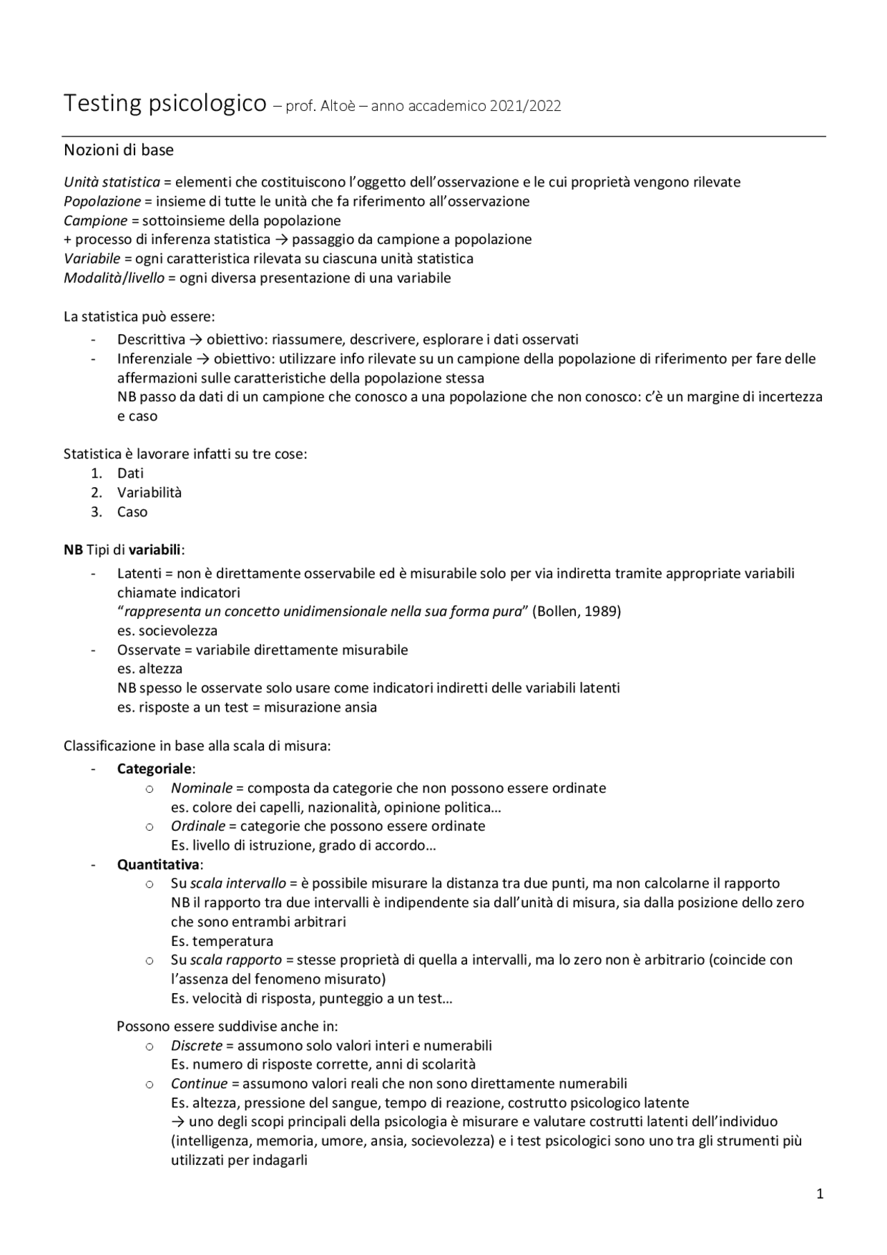 Appunti Di Testing Psicologico Prof Altoè Appunti Di Statistica