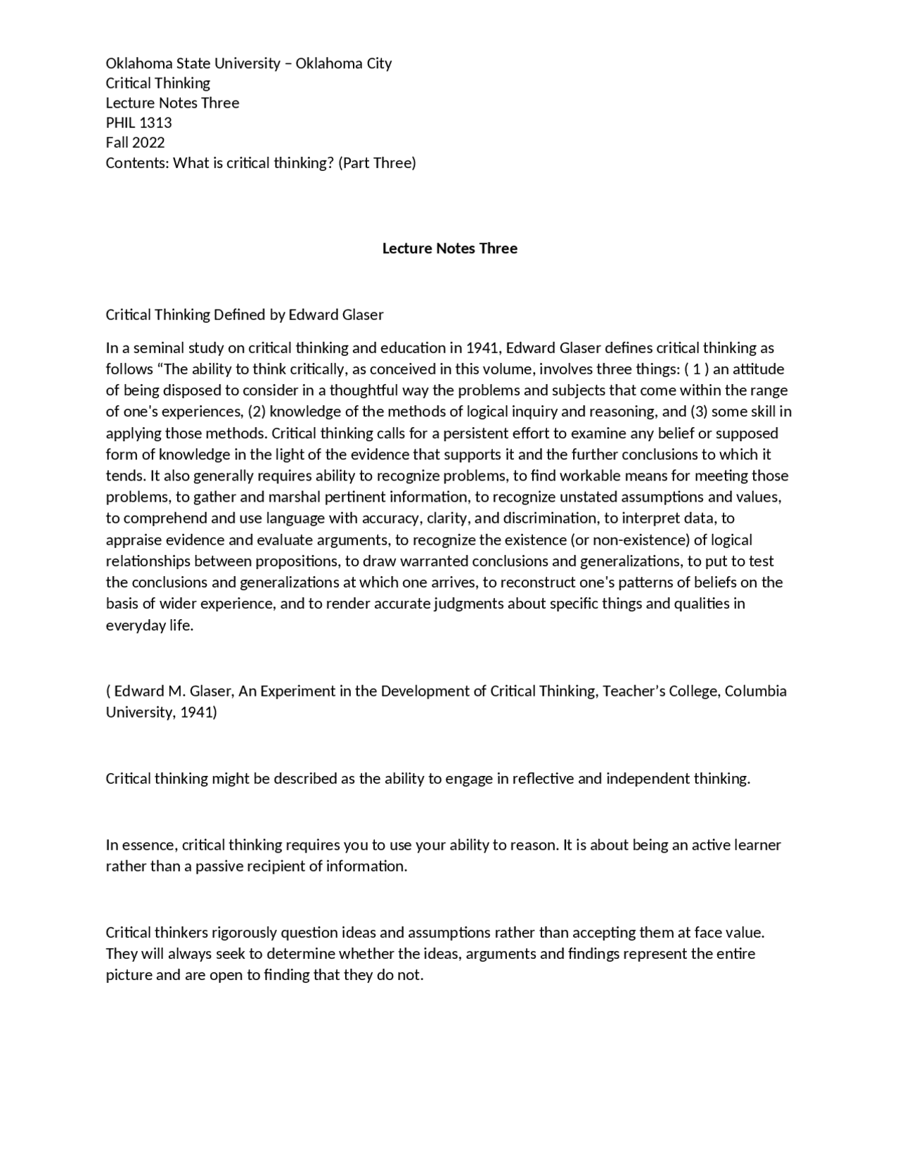 Critical Thinking An Introduction To Logic Lecture Notes Logic Docsity