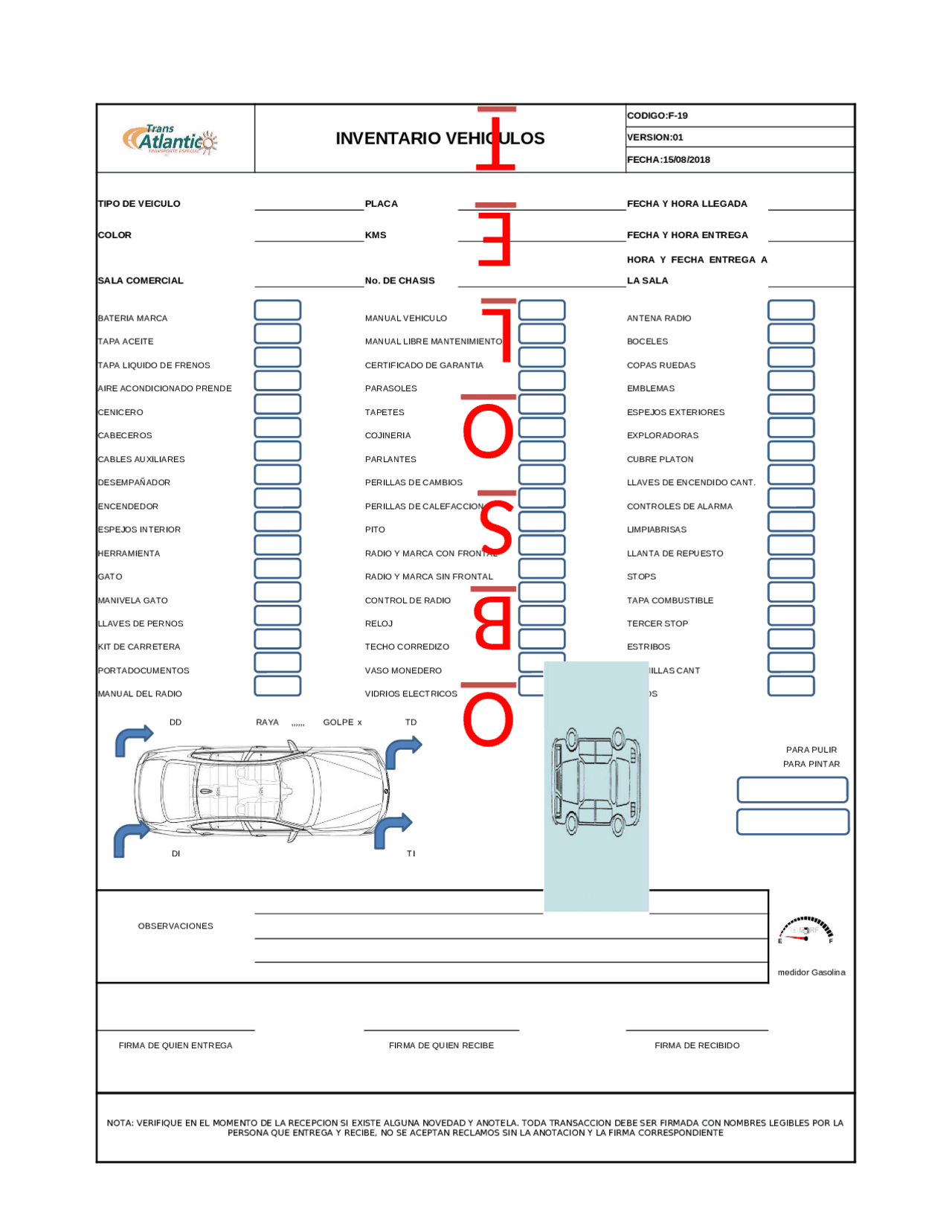 INVENTARIO DE VEHICULO | Apuntes de Gestión de la Calidad | Docsity