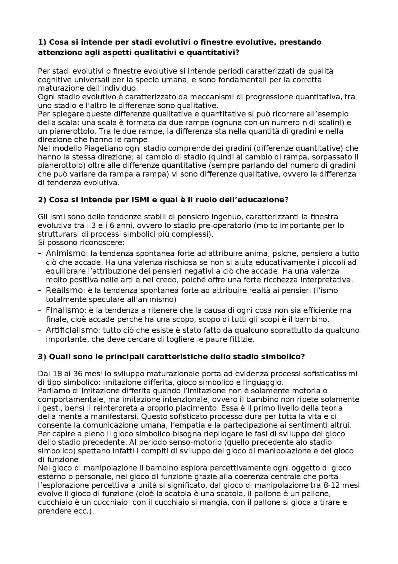Risposte A Possibili Domande Psicologia Dello Sviluppo Appunti Di