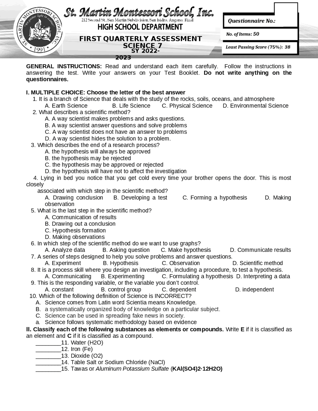 High School Papers And Quizzes Quizzes Earth Science Docsity