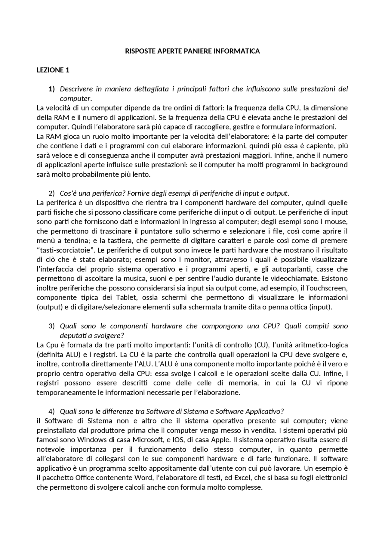 Domande aperte Paniere Informatica | Panieri di Fondamenti di informatica | Docsity