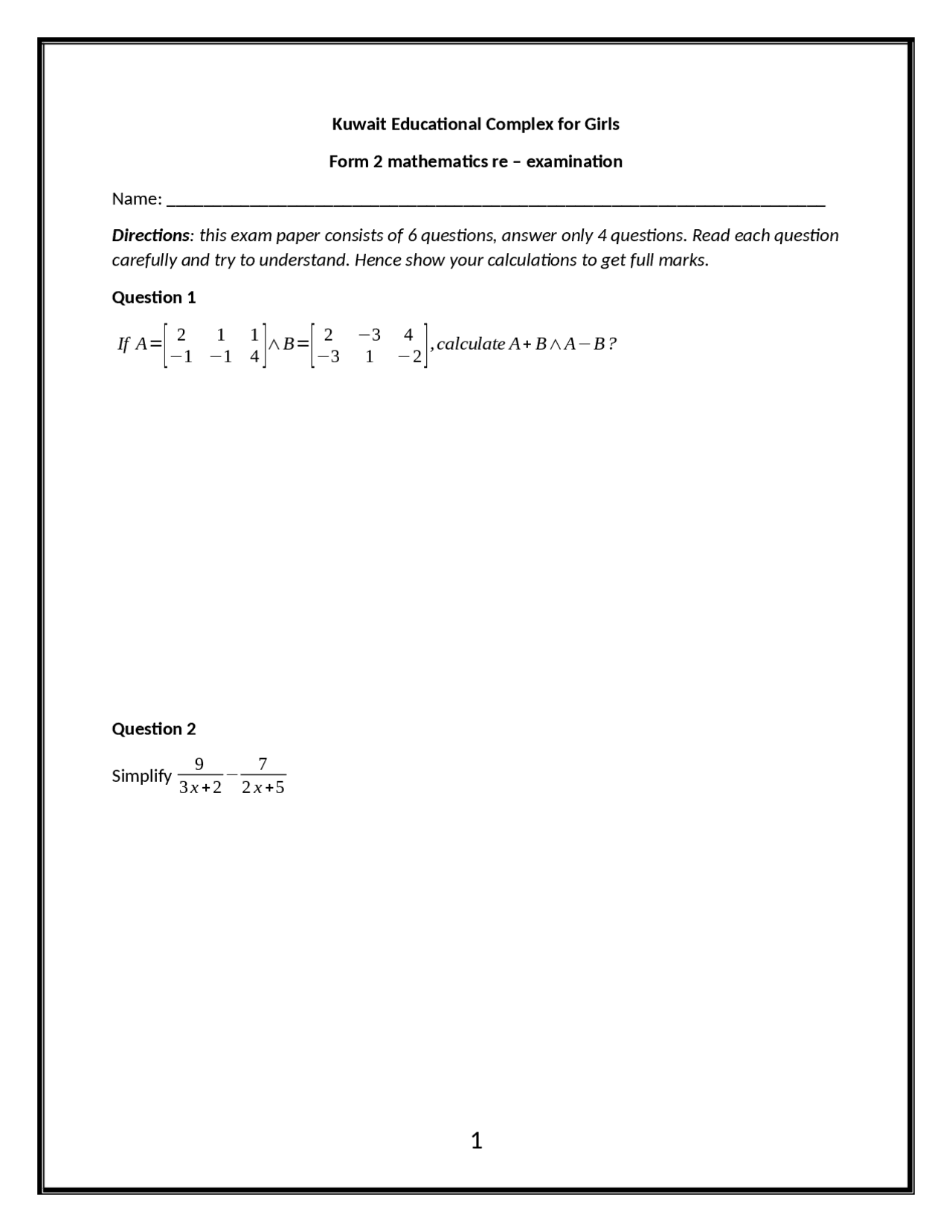 Form 2 exam of mathematics in high school of Kuwait school | Exams ...