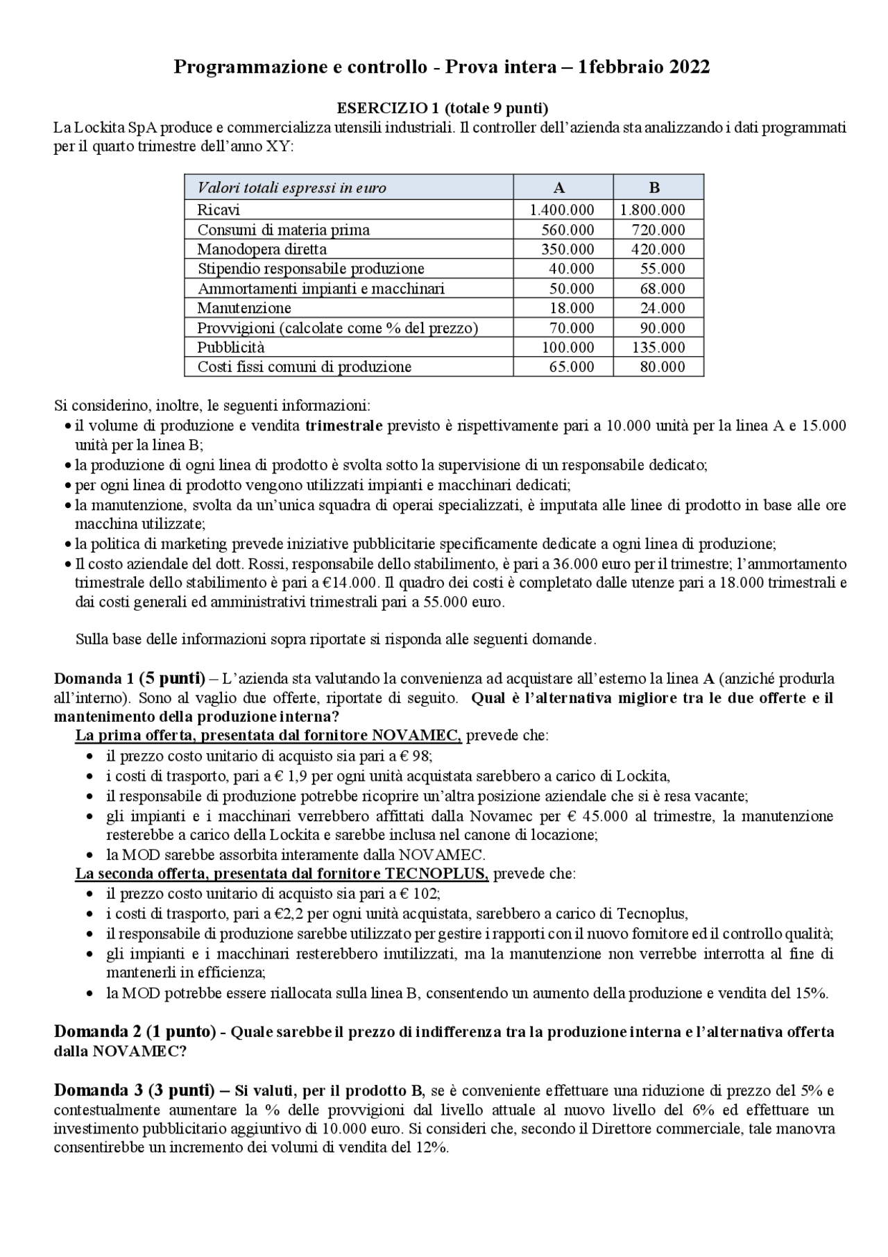 Prova Desame Di Programmazione E Controllo 10222 Prove Desame Di