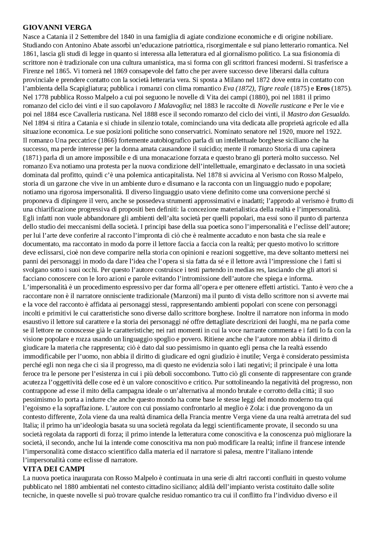 Riassunto Giovanni Verga Schemi E Mappe Concettuali Di Italiano Docsity