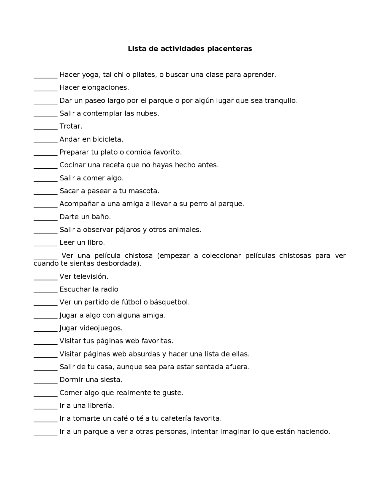 Lista de actividades agradables y tranquilizadoras | Apuntes de ...