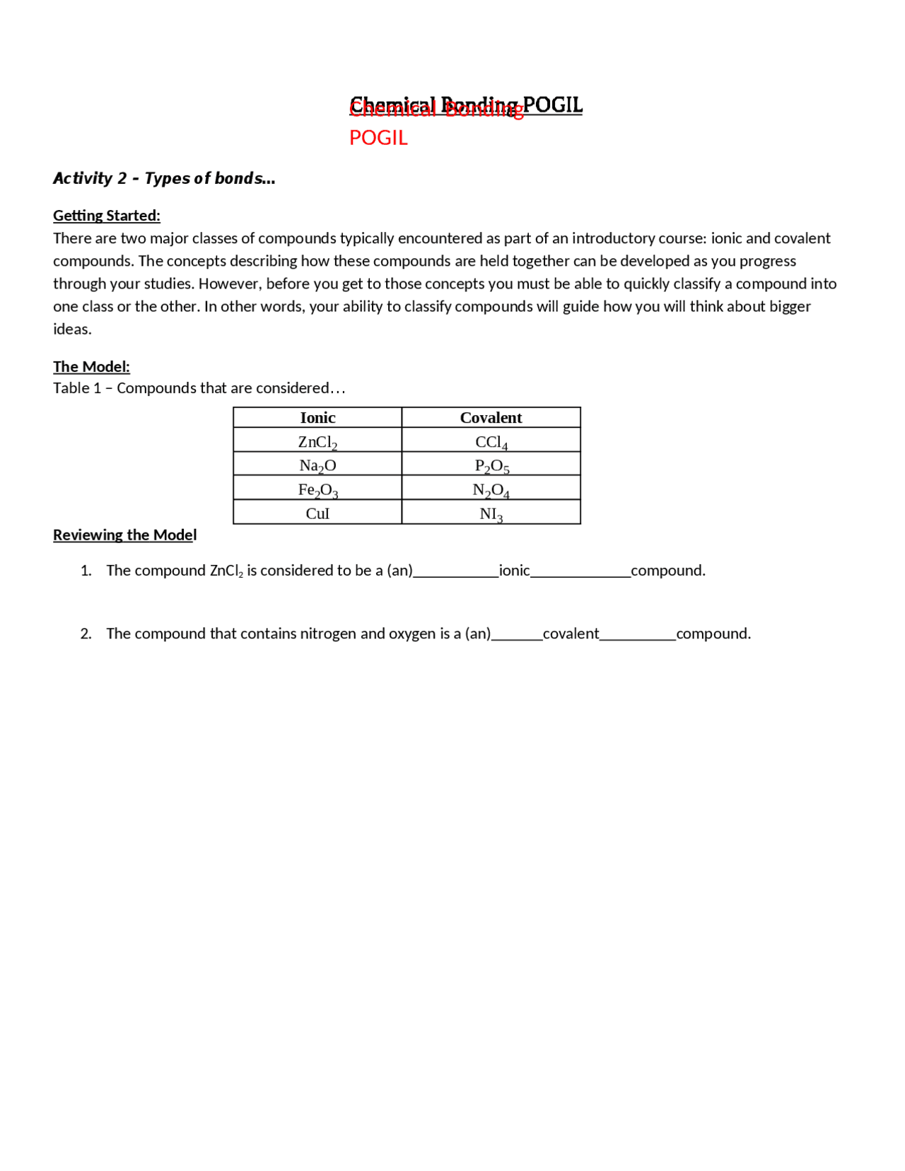 Chemical Bonding POGIL Activity 2 – Types of bonds | Exams Chemistry ...