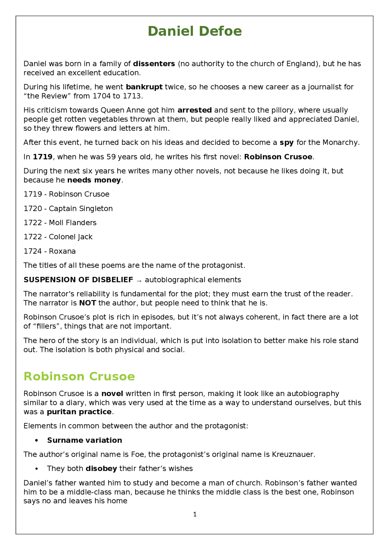 Daniel Defoe - vita e opere - Gulliver's travel | Appunti di Inglese | Docsity