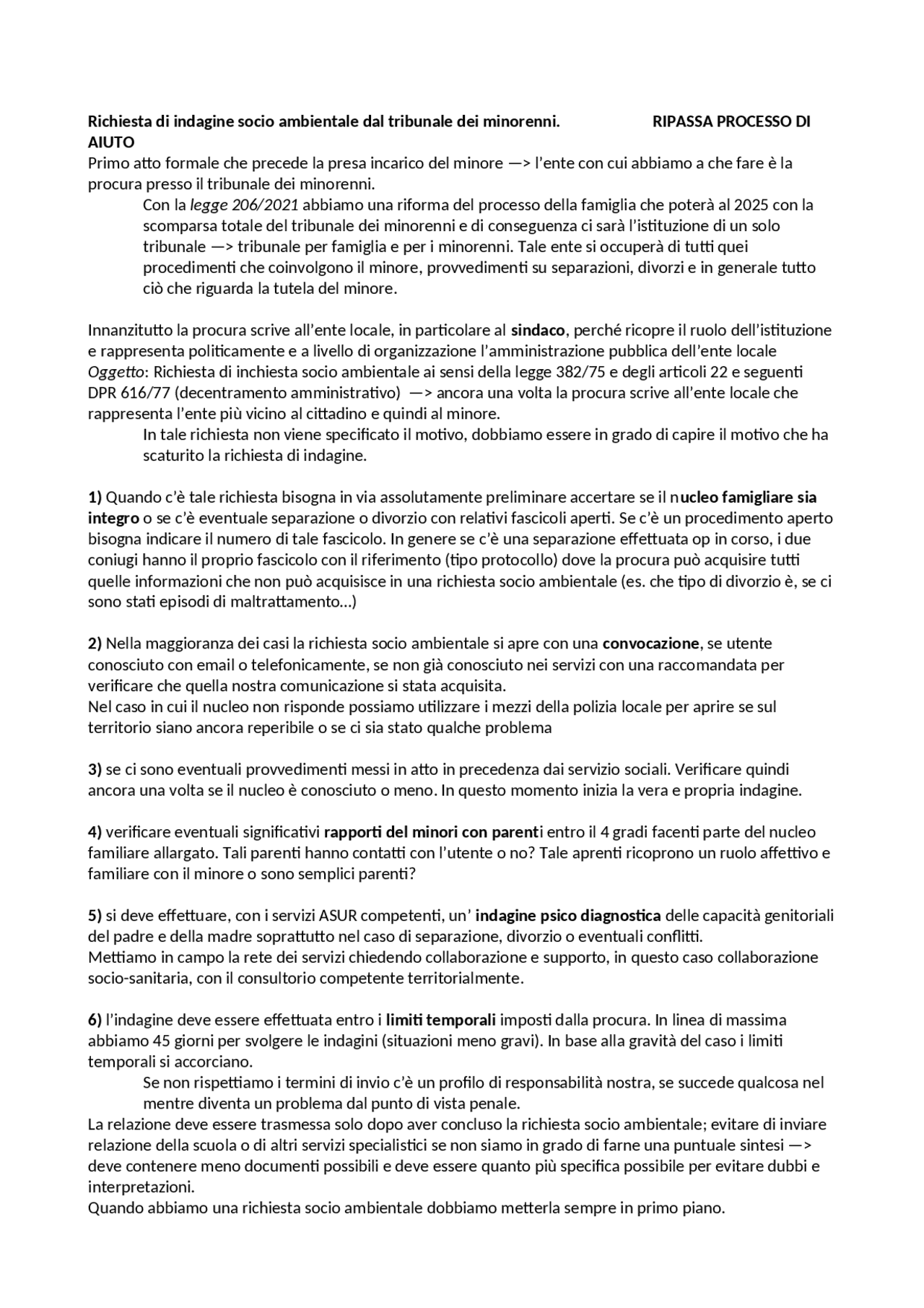 Richiesta di indagine socio ambientale dal tribunale dei minorenni ...