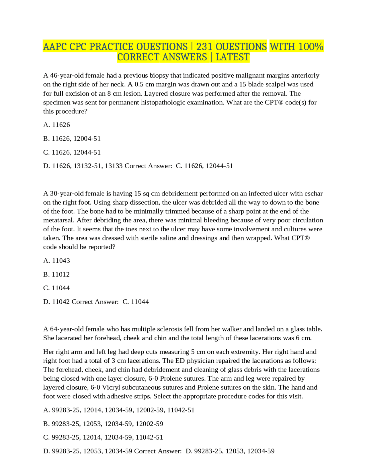 AAPC CPC PRACTICE QUESTIONS | 231 QUESTIONS WITH 100% CORRECT ANSWERS ...