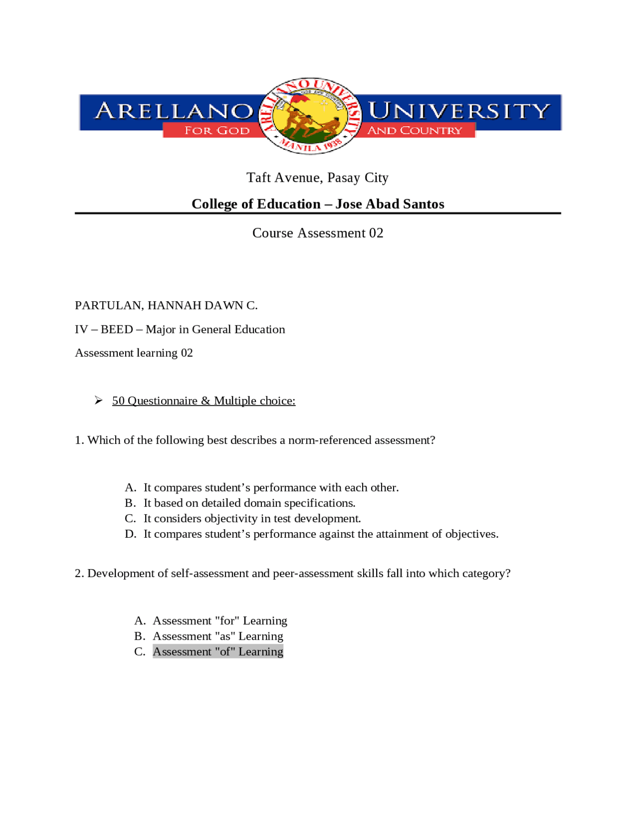 Assessment Learning Questionnaire Multiple Choice Exercises