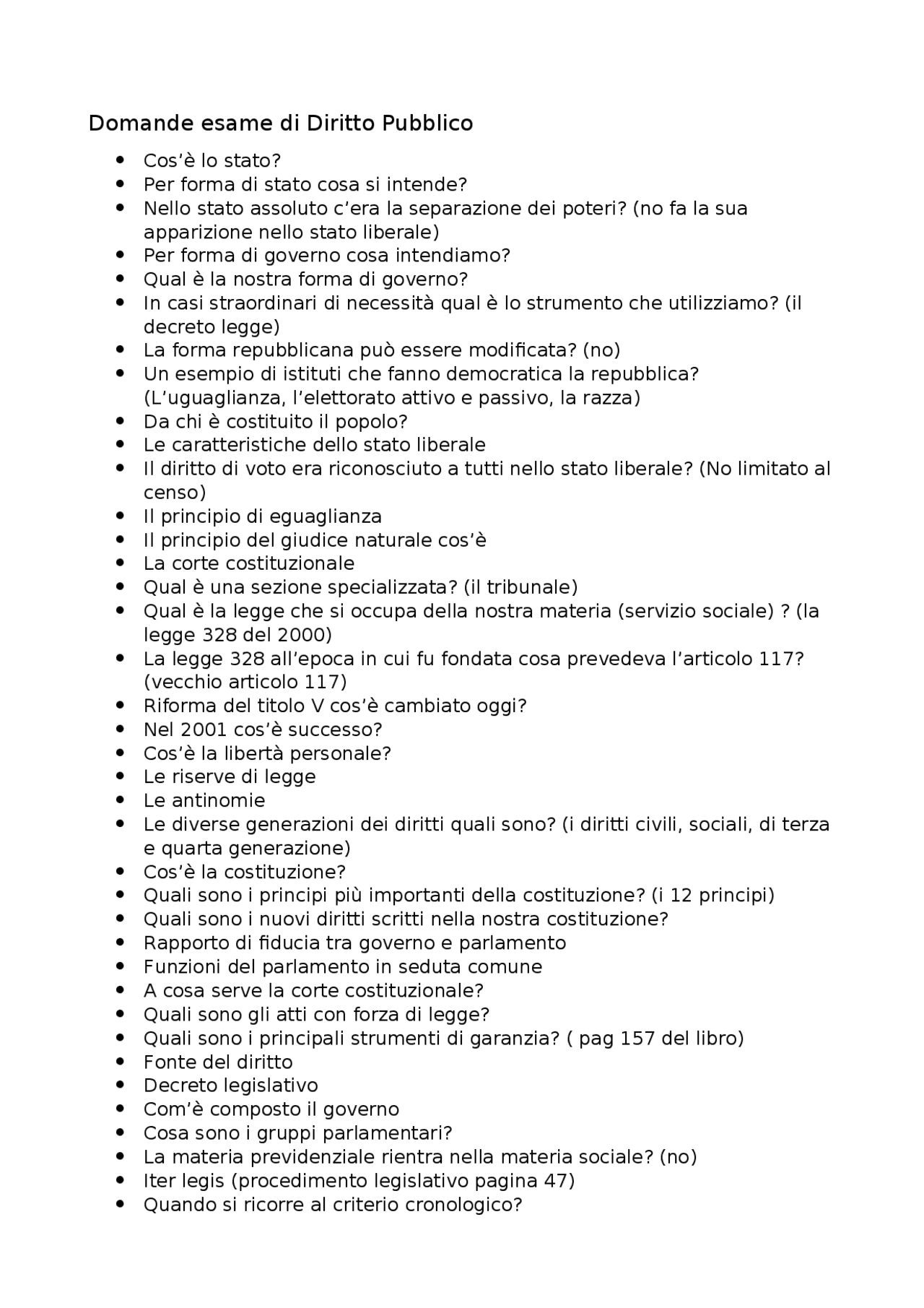Domande esame di diritto pubblico | Dispense di Istituzioni Diritto Pubblico | Docsity