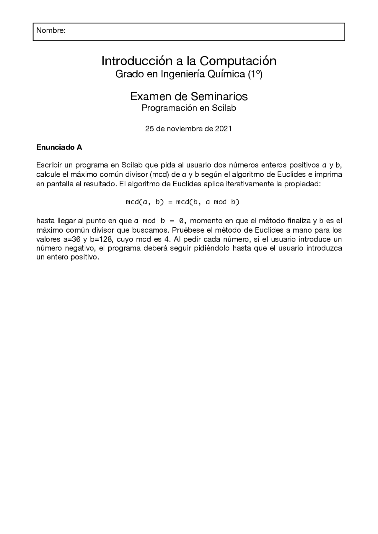 Examen seminarios introducción a la computacion | Exámenes de Computación aplicada | Docsity