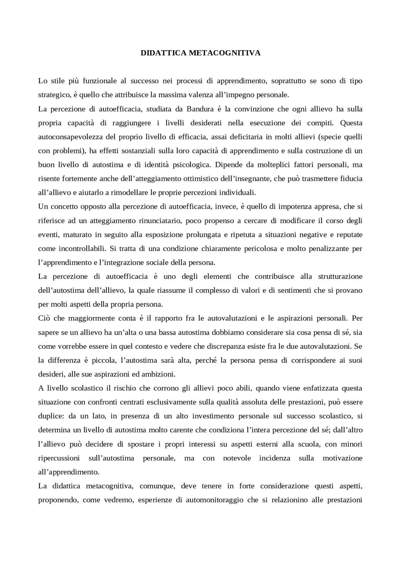 Didattica Metacognitiva Appunti Di Psicologia Generale Docsity