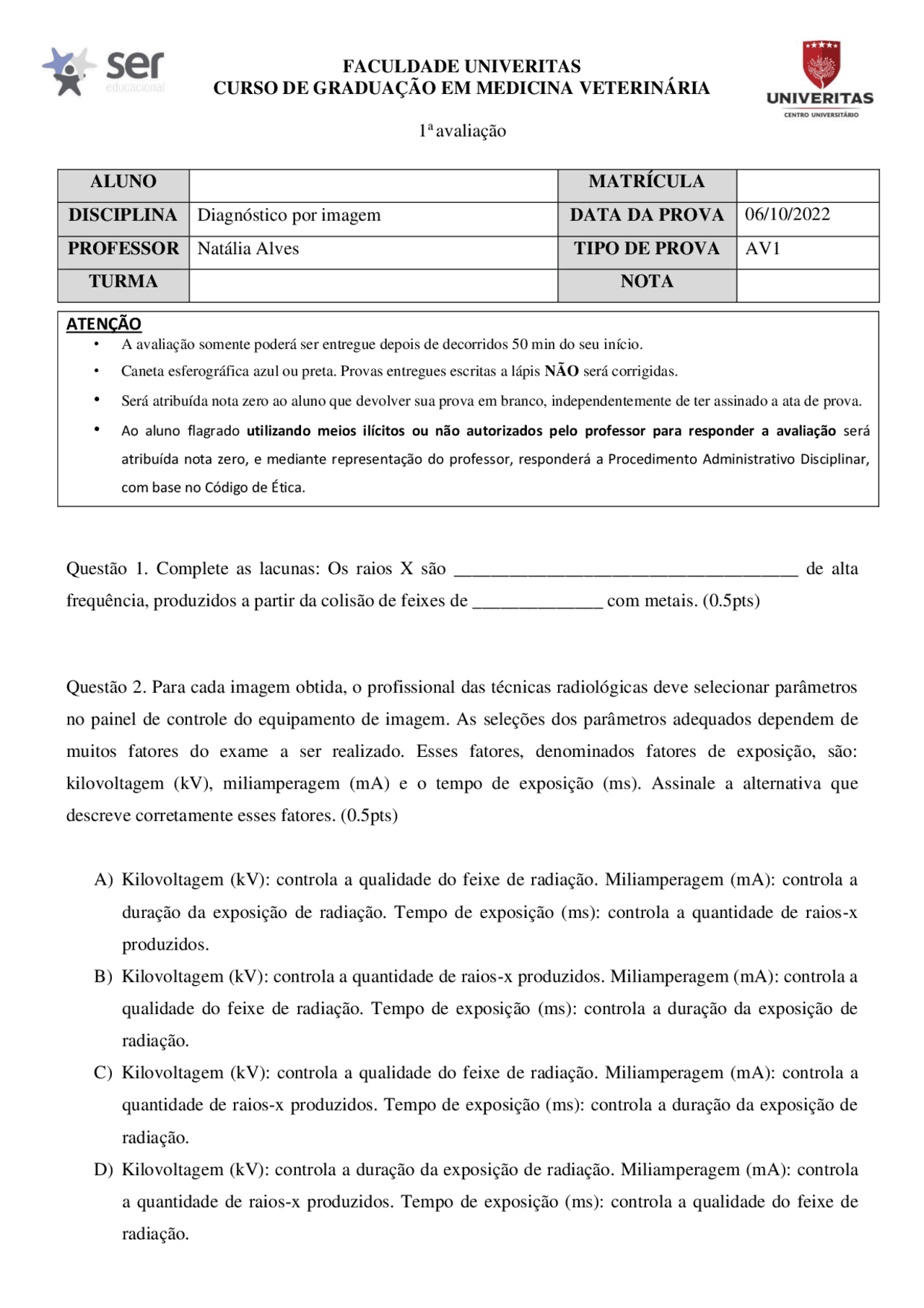 Avaliação Radiografia Provas Diagnóstico Por Imagem Docsity