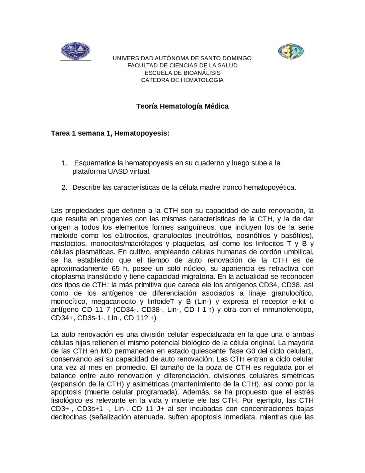 Asignación 1 De Hematologia Ejercicios De Hematología Docsity