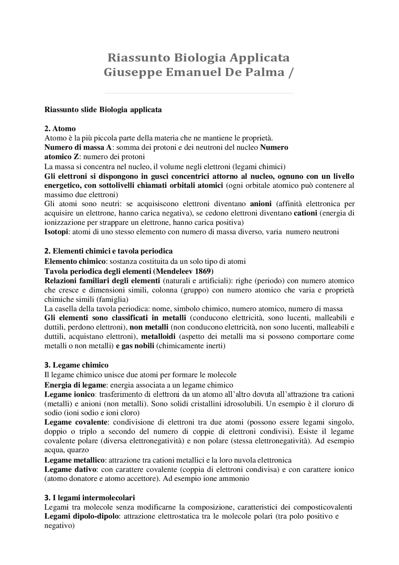 Riassunto Del Programma Di Biologia Applicata Prof De Palma Panieri