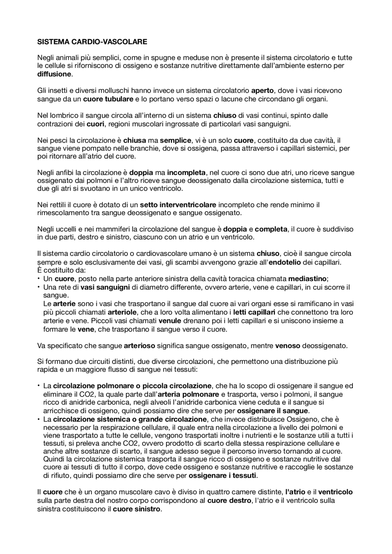Sistema Cardio Vascolare Appunti Di Biologia Docsity
