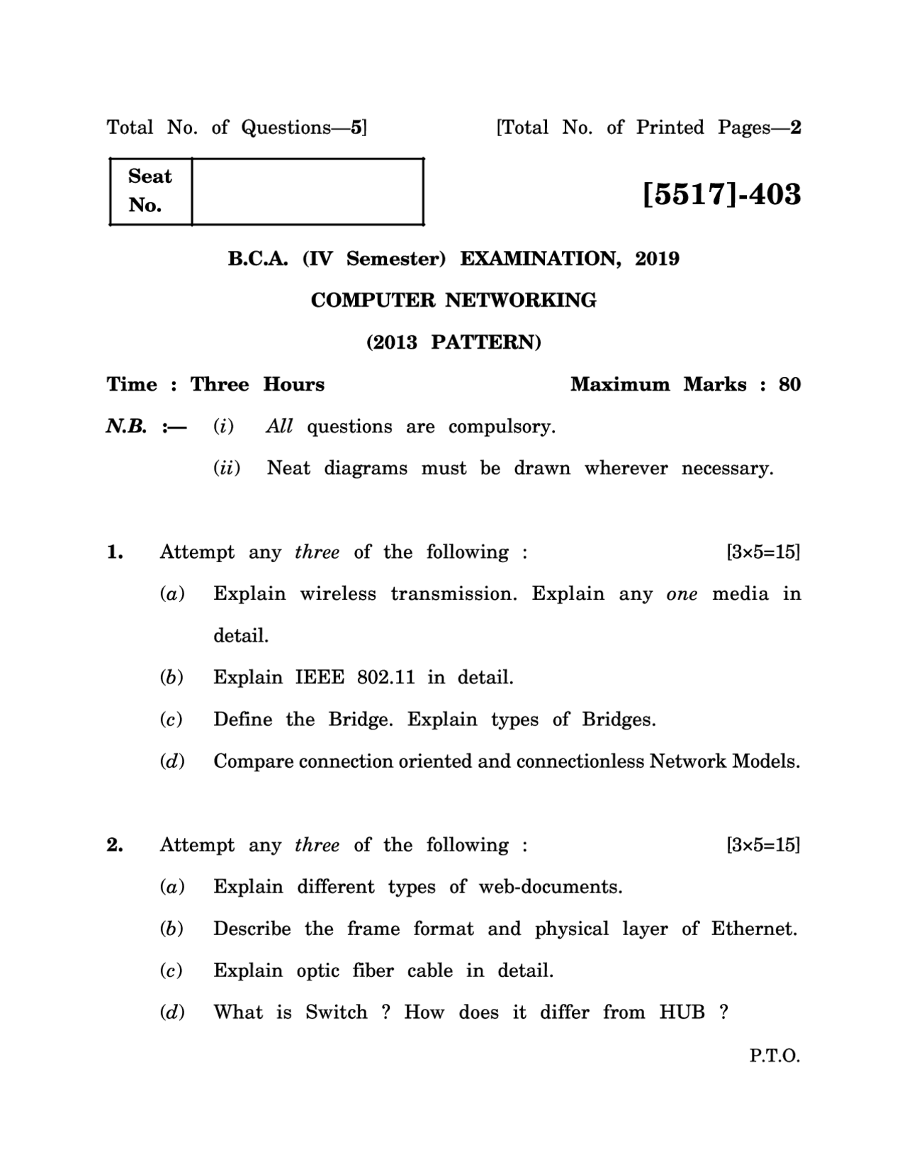 Question Paper Networking 2018 - Christ University 2022 | Essays (high school) English | Docsity