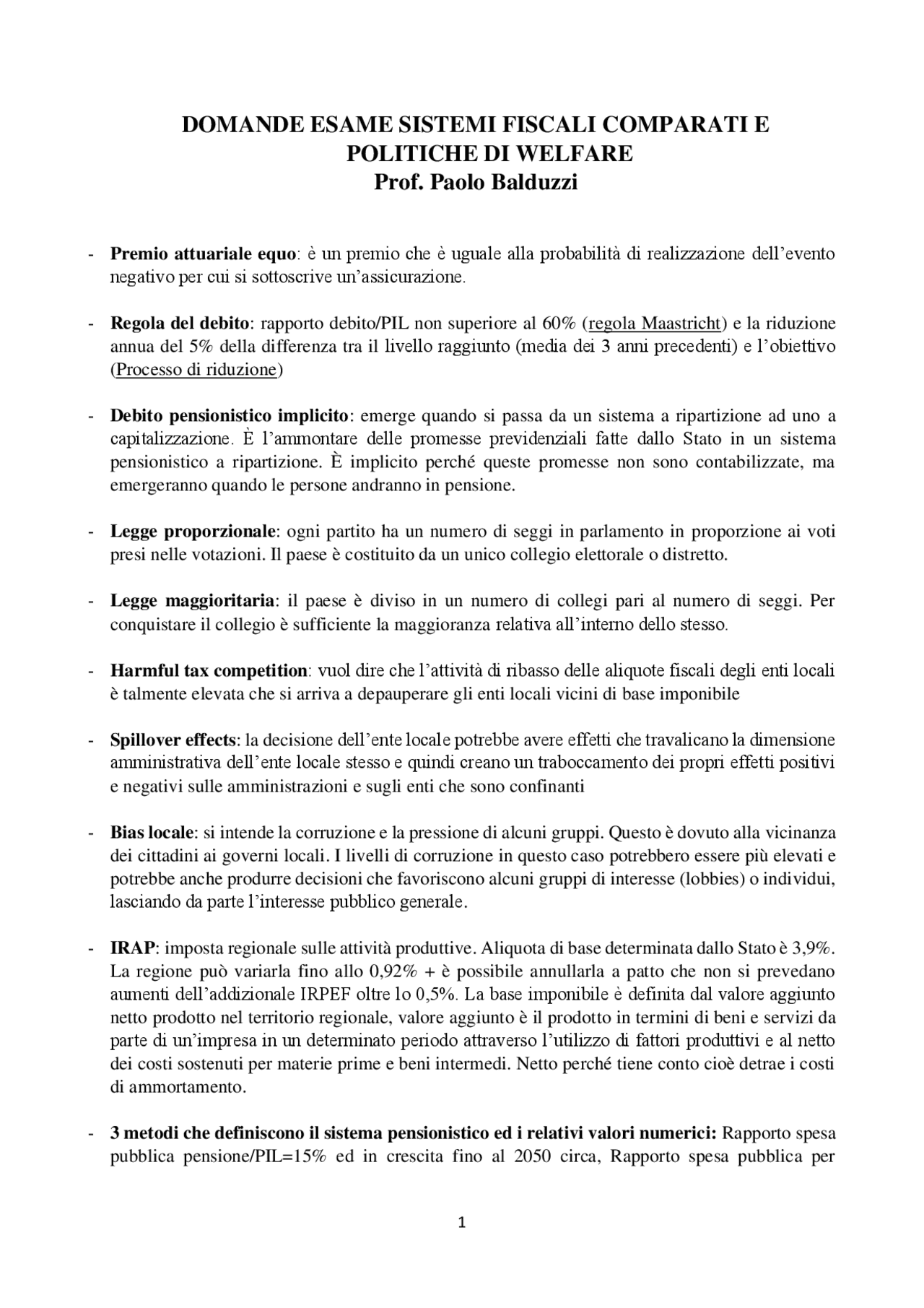 DOMANDE e RISPOSTE - SISTEMI FISCALI COMPARATI E POLITICHE DI WELFARE ...