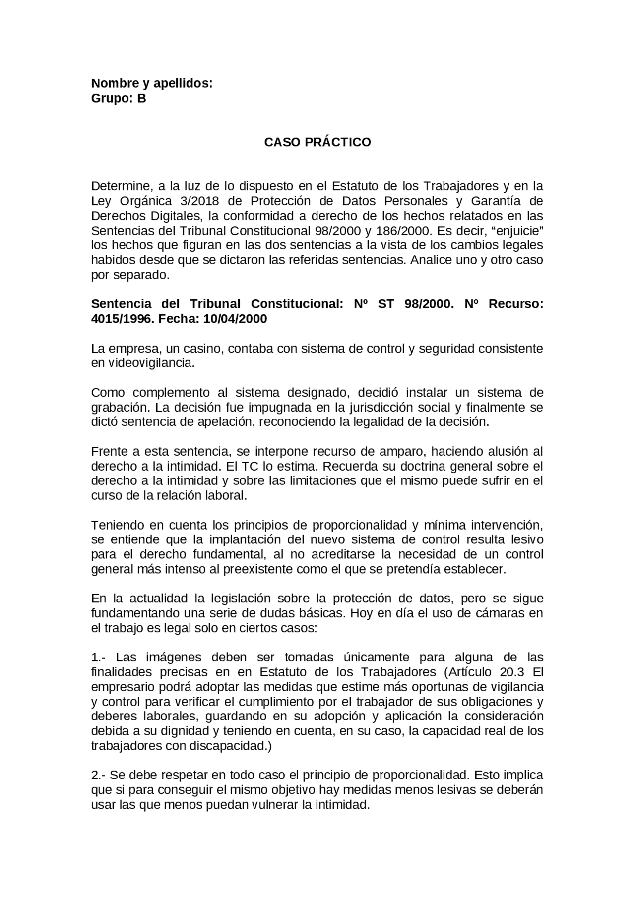 Caso Práctico 3 Derecho Laboral Ejercicios De Derecho Laboral Docsity