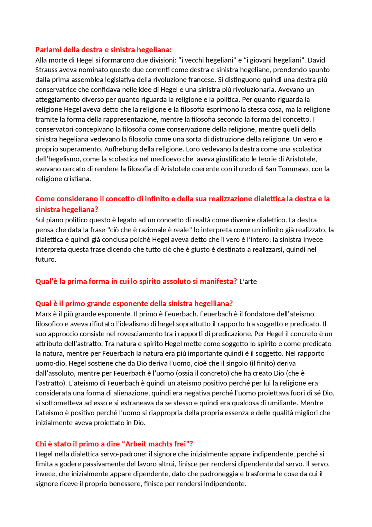 Domande Su Hegel E Marx Schemi E Mappe Concettuali Di Filosofia Docsity